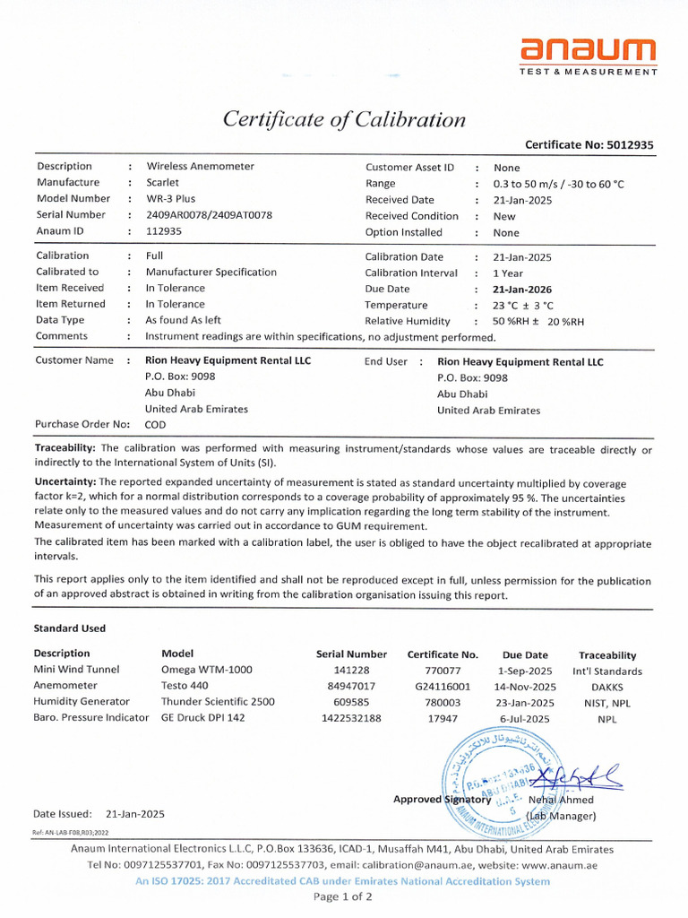 Anemometer Calibration Certificate | PDF