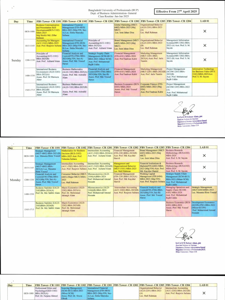 Updated Class Routine (Jan - Jun 2025) Effective From 27 April 2025 | PDF