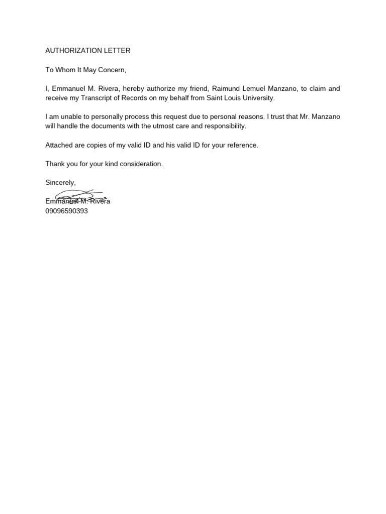 Authorization Letter for Transcript Retrieval | PDF