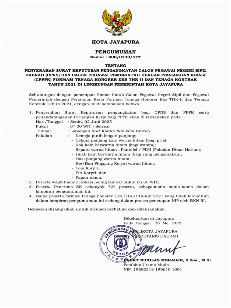 Pengumuman Penyerahan SK Cpns CPPPK THK II Dan Honorer 2021 Tahap I | PDF