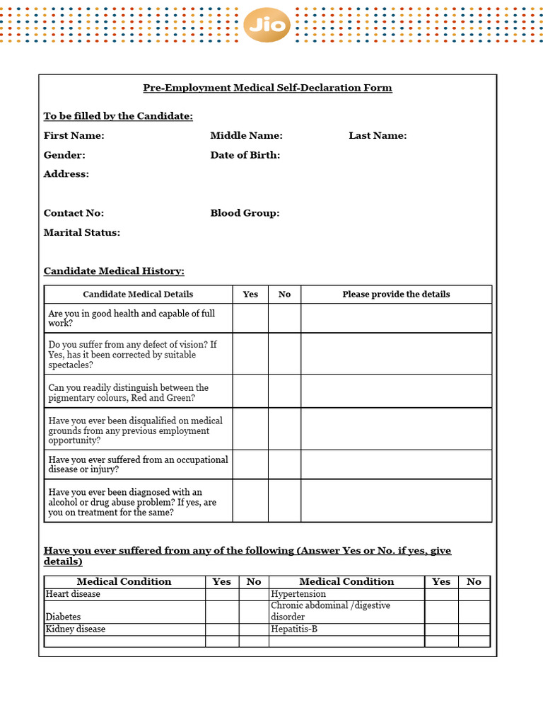 Pre-Employment Medical Self-Declaration Form | PDF | Chronic Condition ...