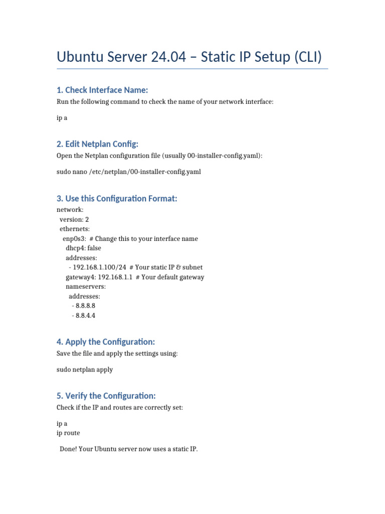 Ubuntu Server Static IP Setup | PDF
