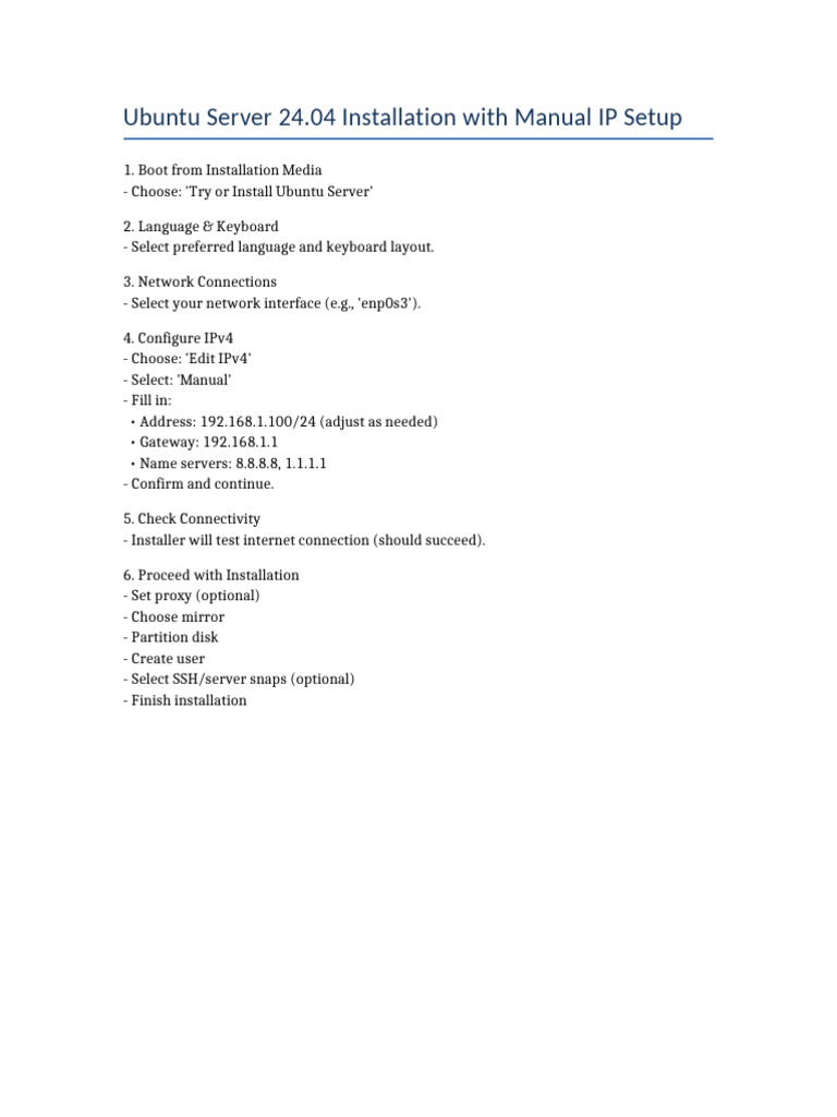 Ubuntu Server 24.04 Manual IP Installation | PDF