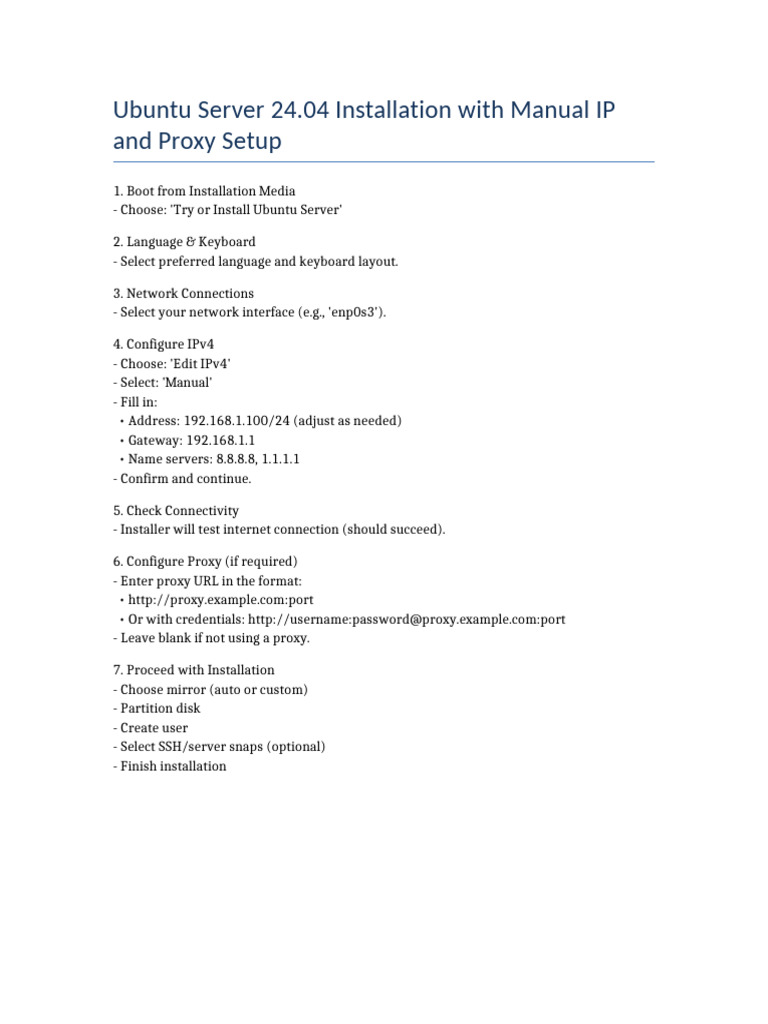 Ubuntu Server 24.04 Manual IP and Proxy Installation | PDF