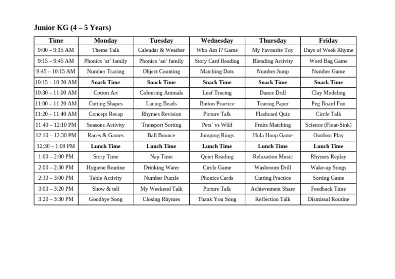 Junior KG Weekly Time-Table | PDF
