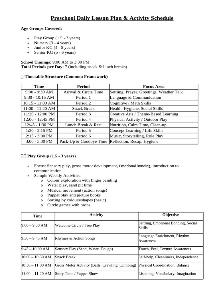 Preschool Time-Table + Daily Lesson Plan | PDF | Phonics | Cognitive ...