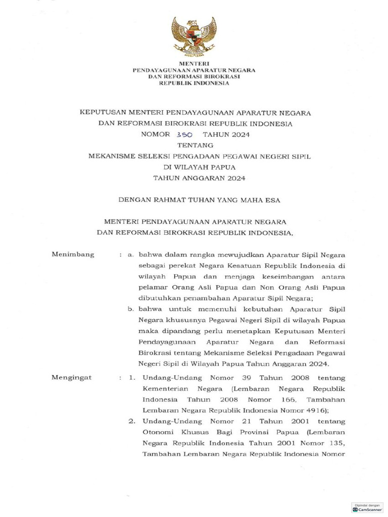 350 - 2024 - Kepmenpanrb Tentang Mekanisme Seleksi Pengadaan Pns Di Wilayah Papua Ta 2024 | PDF