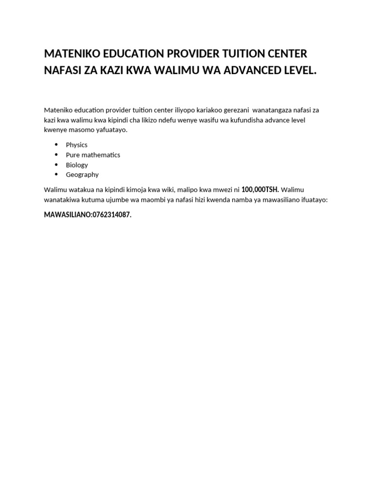 Tuition Center Nafasi Za Kazi Kwa Walimu Wa Advanced Level | PDF