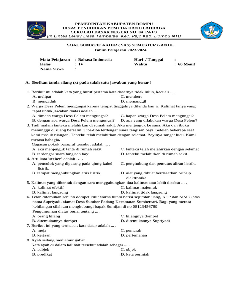 SOAL Bhs Indonesia Kelas IV | PDF