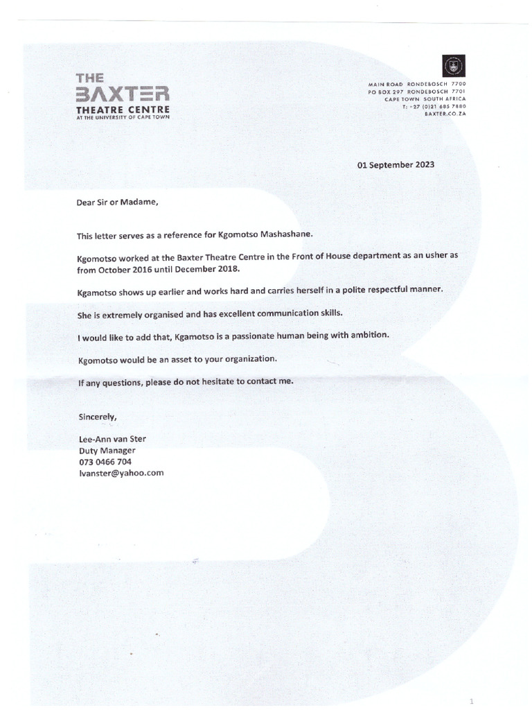 Reference Letter Baxter Theatre | PDF
