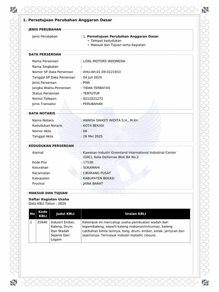 Persetujuan Perubahan Anggaran Dasar LZWL | PDF