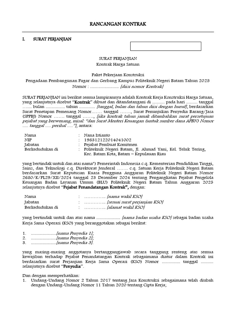 Rancangan Kontrak: Contoh 2 - Penyedia Kso | PDF