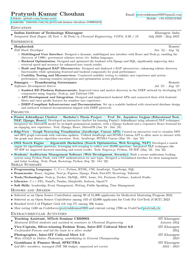 PratyushIITKGP Software Resume | PDF | Java Script | Computer Programming