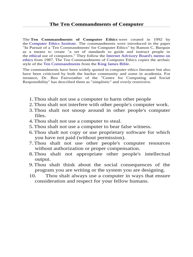 Ten Commandments of Computer Ethics | PDF | Computer File | Malware