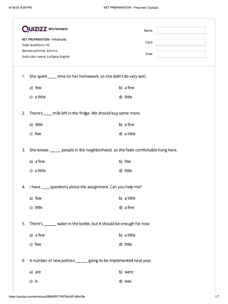 Ket Final Test Worksheet Pdf