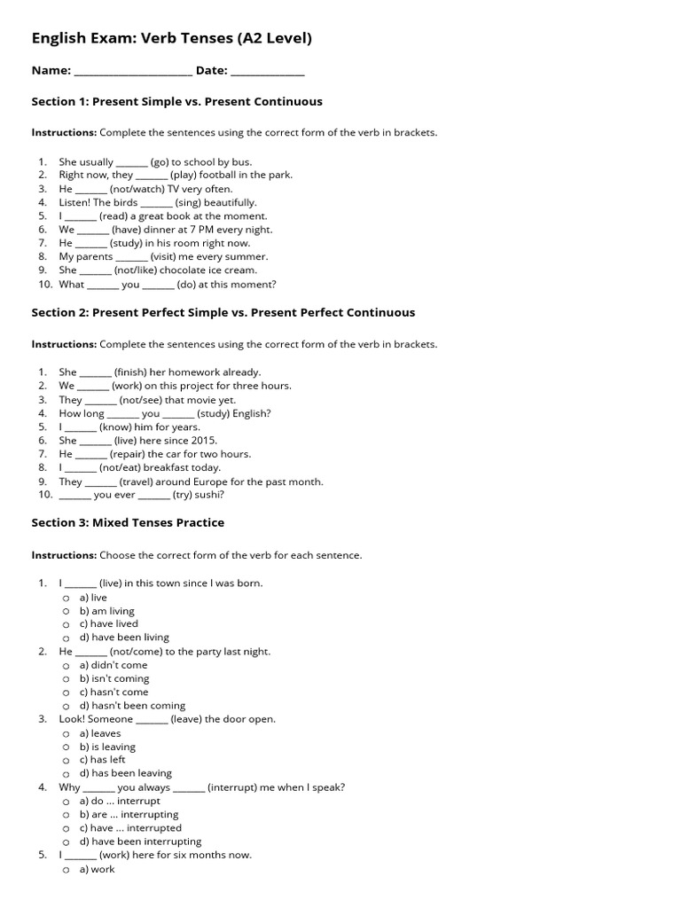 A2 Level Verb Tenses Exercises | PDF | Language Families | Language ...