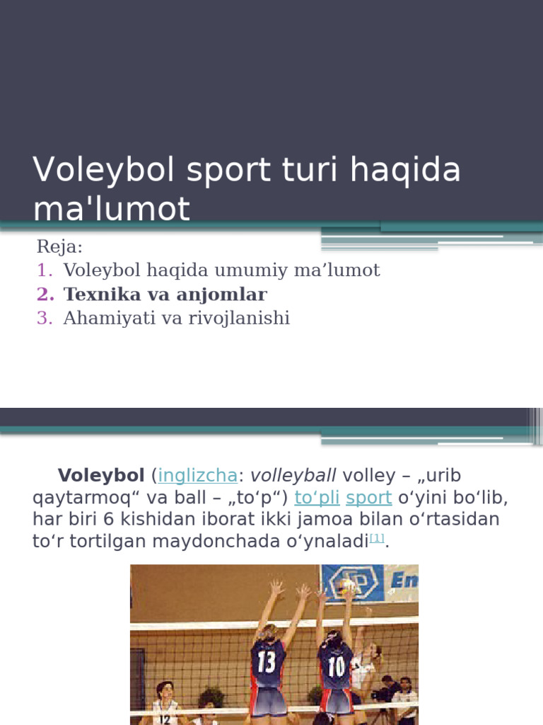 Voleybol Sport Turi Haqida Ma'Lumot | PDF