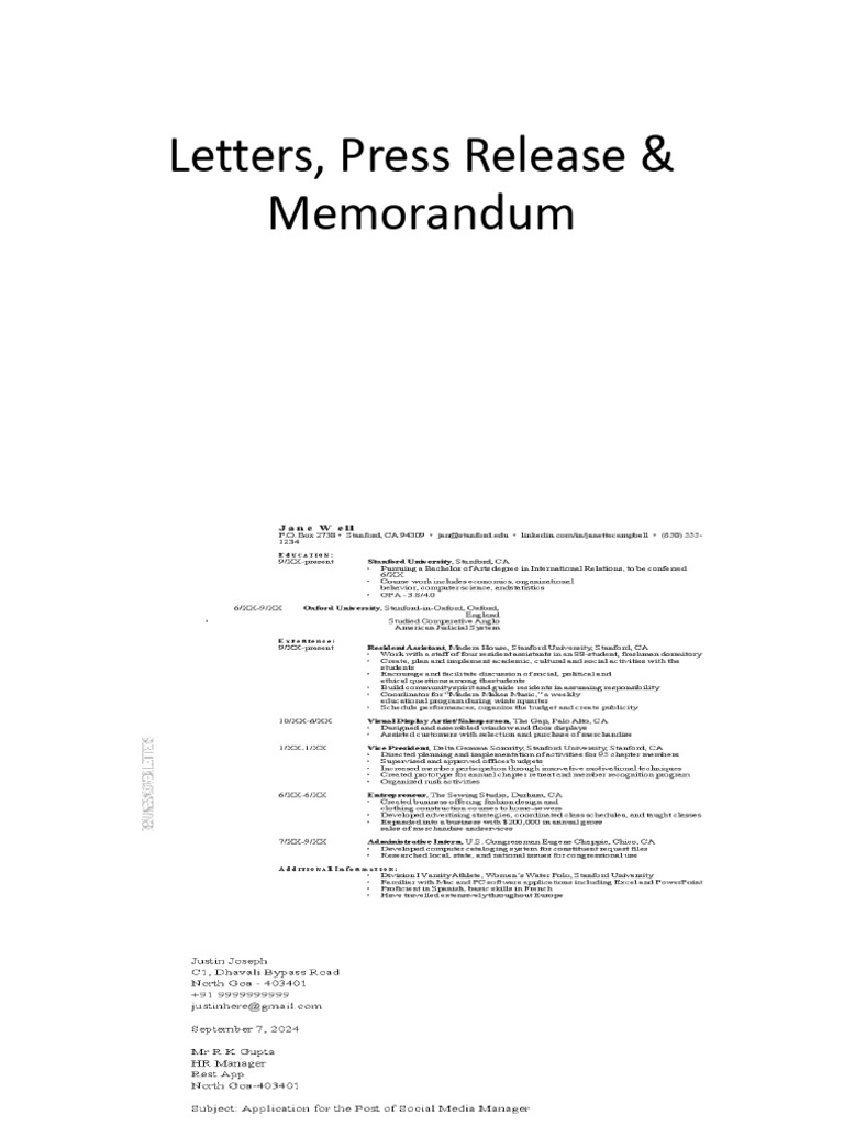 Letter - Press Release | PDF | Memorandum | Human Communication