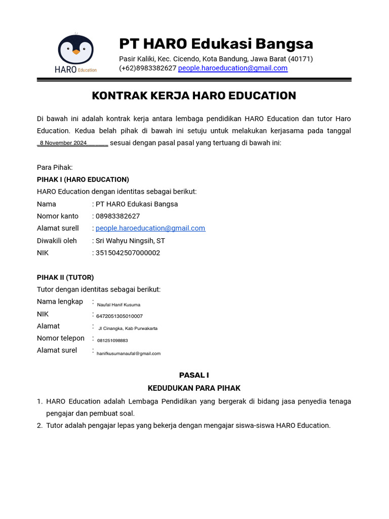 Kontrak Kerja Tutor HARO Education | PDF