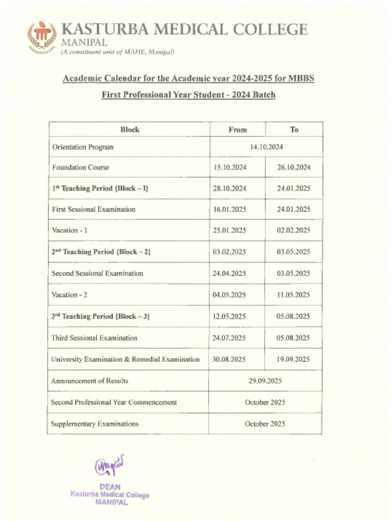 3. MBBS 2024-25 - Academic Calendar | PDF