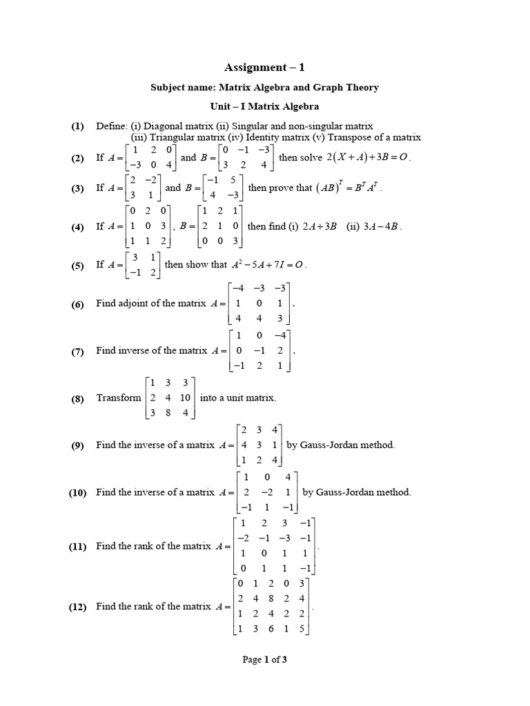 Assignment - 1 (Unit-I and II) | PDF | Matrix (Mathematics) | Eigenvalues And Eigenvectors