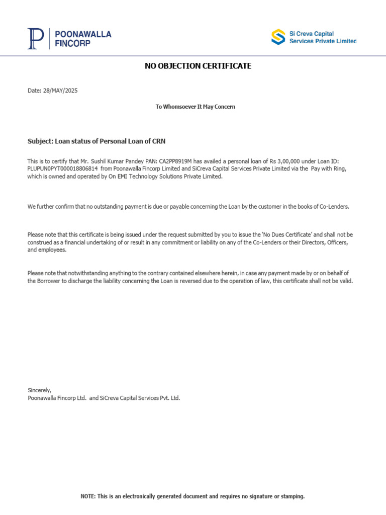 POONAWALA 649135816-Noc-Letter-ILOS681762838771GZ3I | PDF