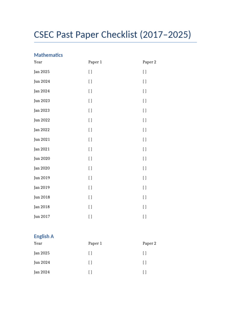 CSEC Past Paper Checklist 2017 2025 | PDF