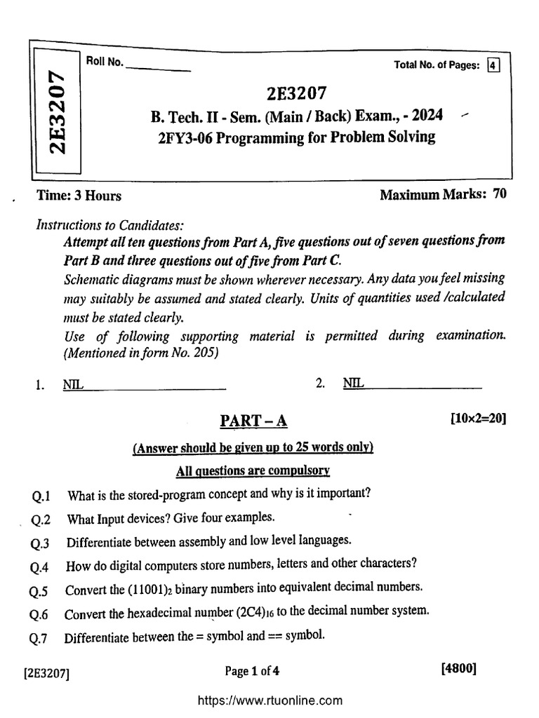 Btech 2 Sem Programming For Problem Solving 2e3207 2024 | PDF