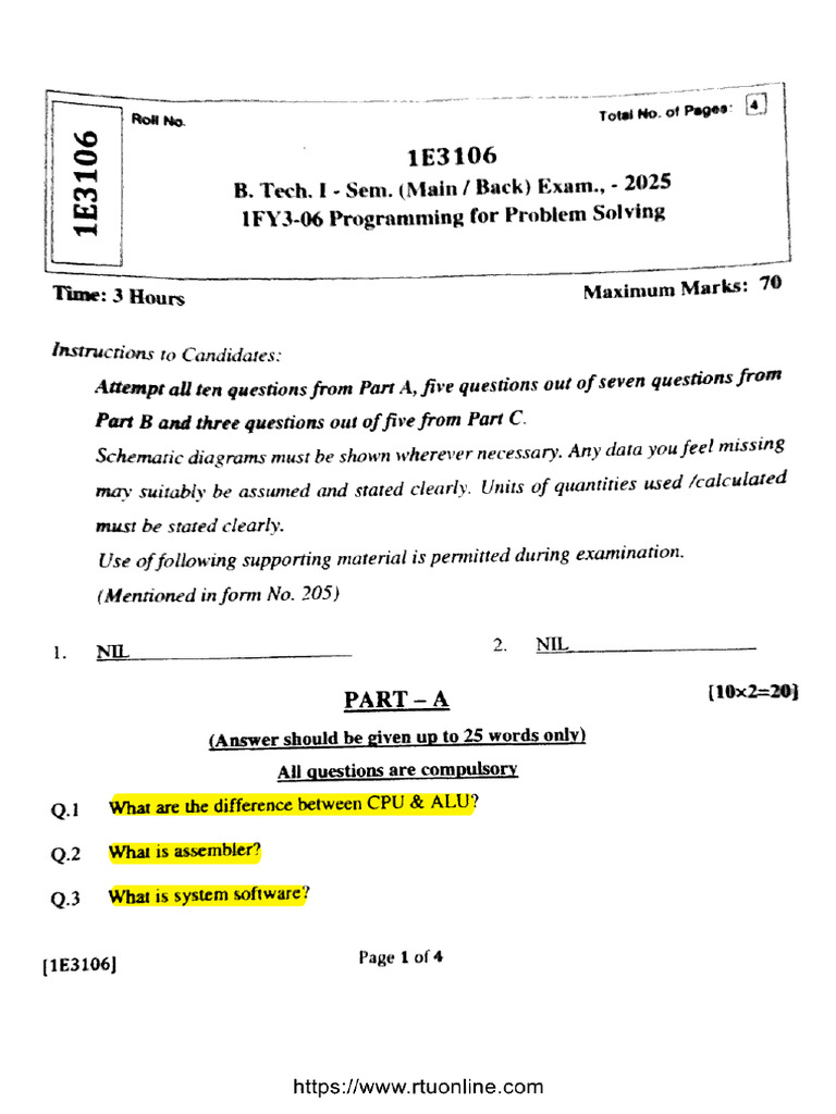 Btech 1 Sem Programming For Problem Solving 1e3106 2025 2 | PDF