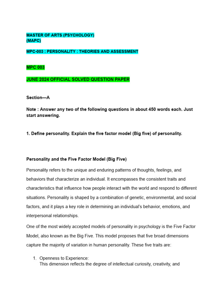 MPC 003 5yr Sol - Pyq 1 | PDF | Extraversion And Introversion | Classical Conditioning