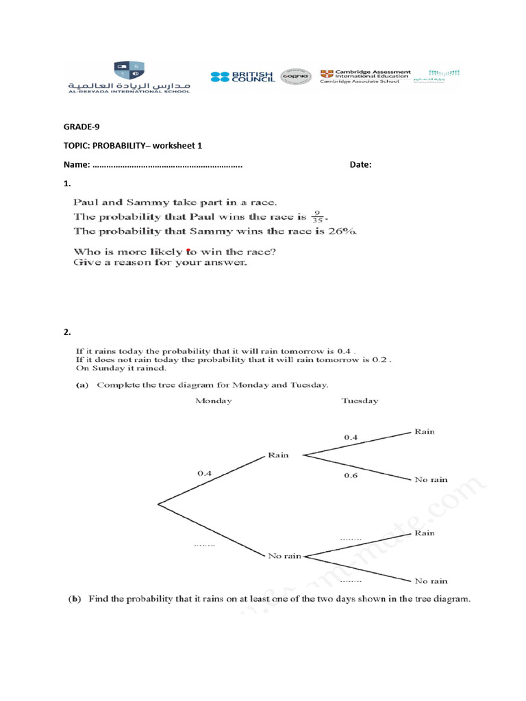Gr9.Probability WS 1 | PDF