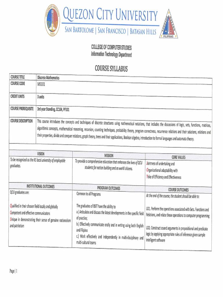 Ms101-Discrete Mathematics - Course Syllabus - Obe Format - August 2022 | PDF