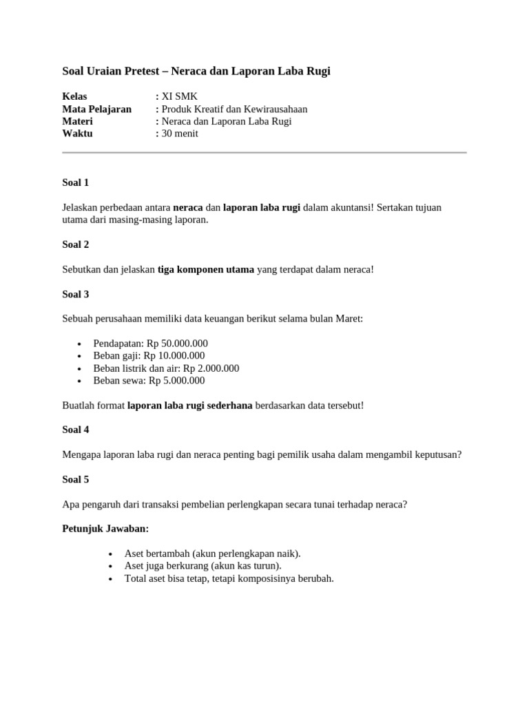 Soal Pretest Neraca & Laporan Laba Rugi | PDF