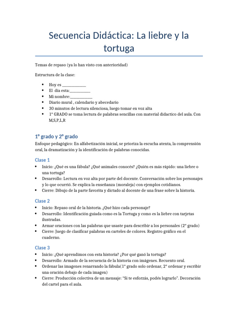 Secuencia Didáctica: Fábula Liebre y Tortuga | PDF | Enseñando | Fábula