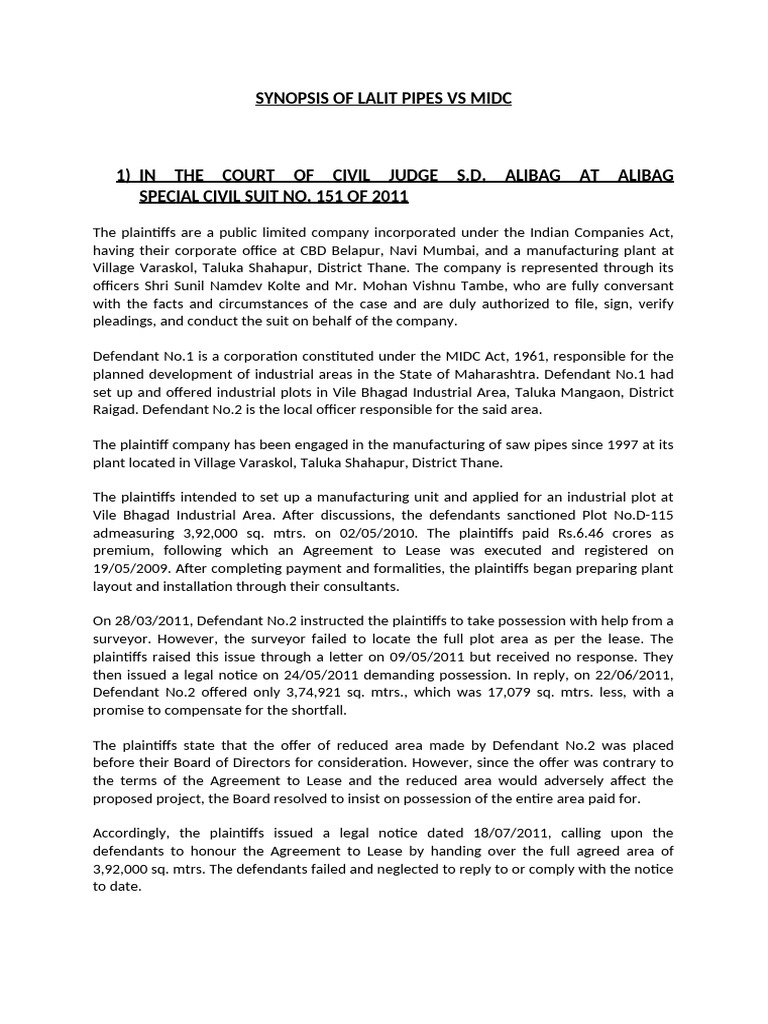 Synopsis of Lalit Pipes vs Midc | PDF | Lawsuit | Trials
