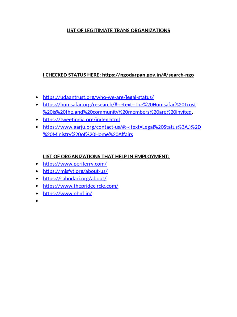 List of Verified Trans Organizations | PDF