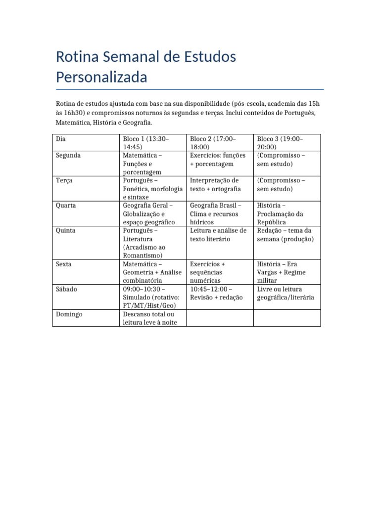 Rotina Estudos Semanal Personalizada | PDF