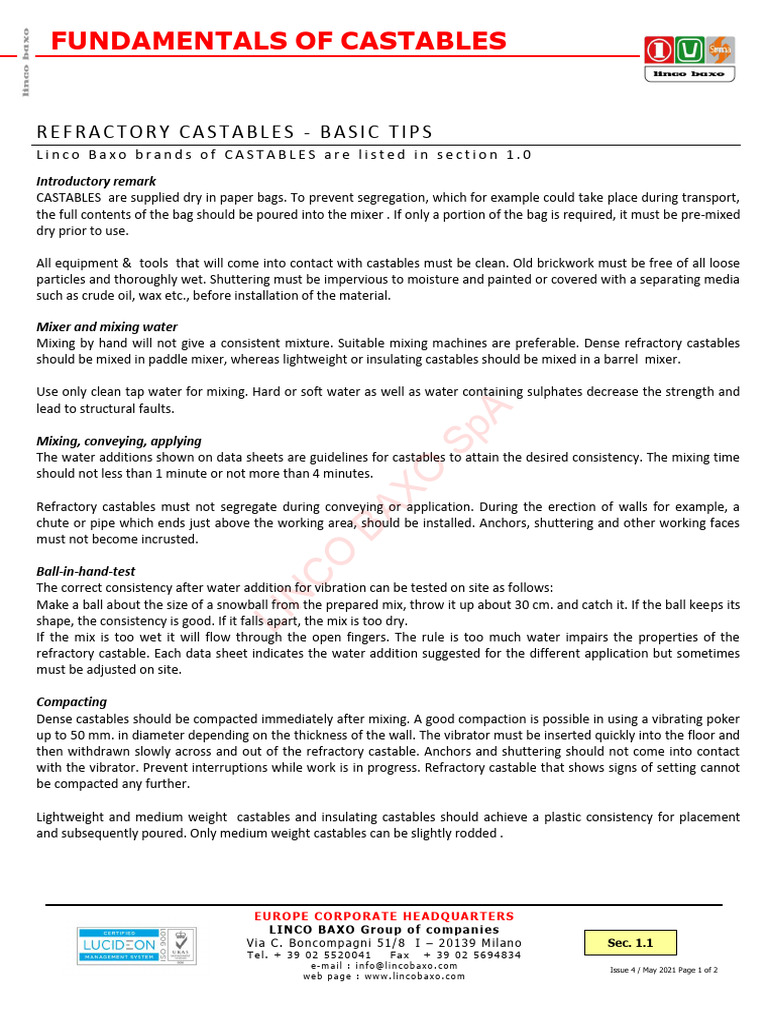 1.1 Fundamentals of Castables | PDF | Refractory | Building Engineering