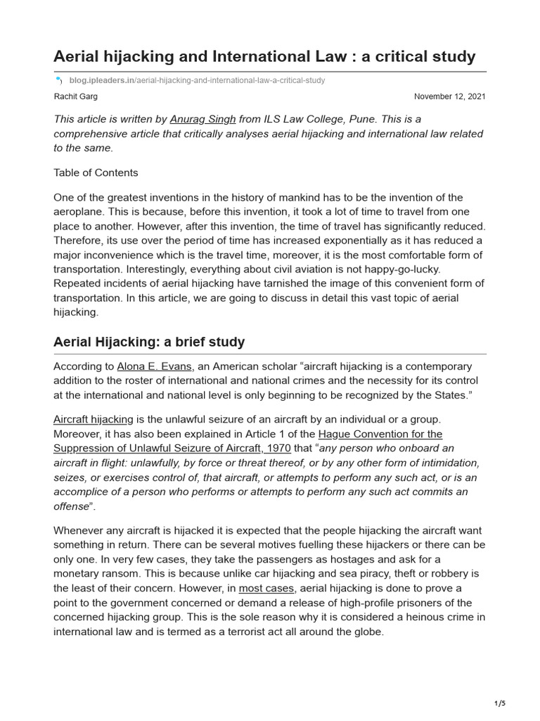 Blog - Ipleaders.in-Aerial Hijacking and International Law A Critical Study | PDF | Aircraft ...
