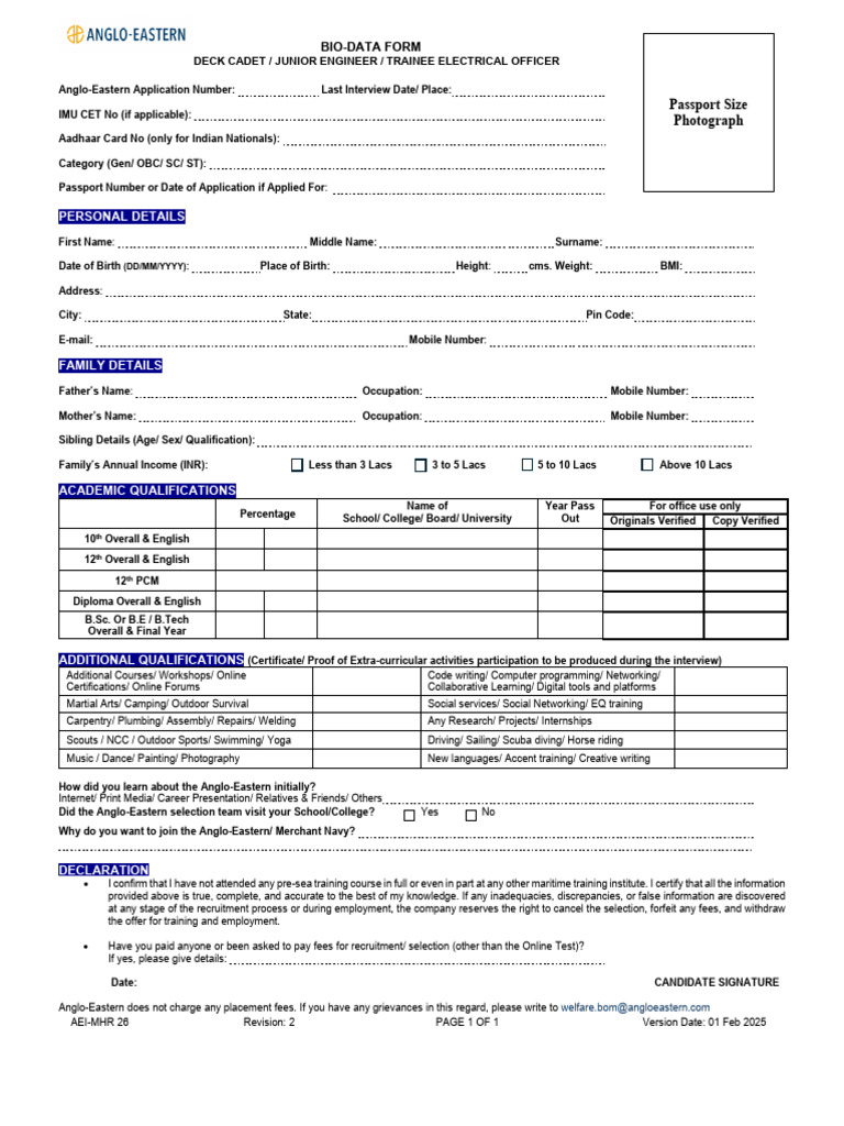 Anglo-Eastern Biodata Form 2025 | PDF