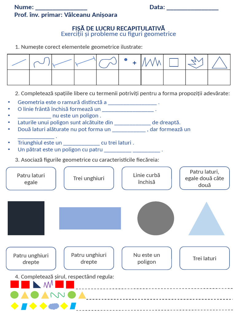 Fisa de Lucru Elemente de Geometrie Clasa A Iiia Recapitulare | PDF