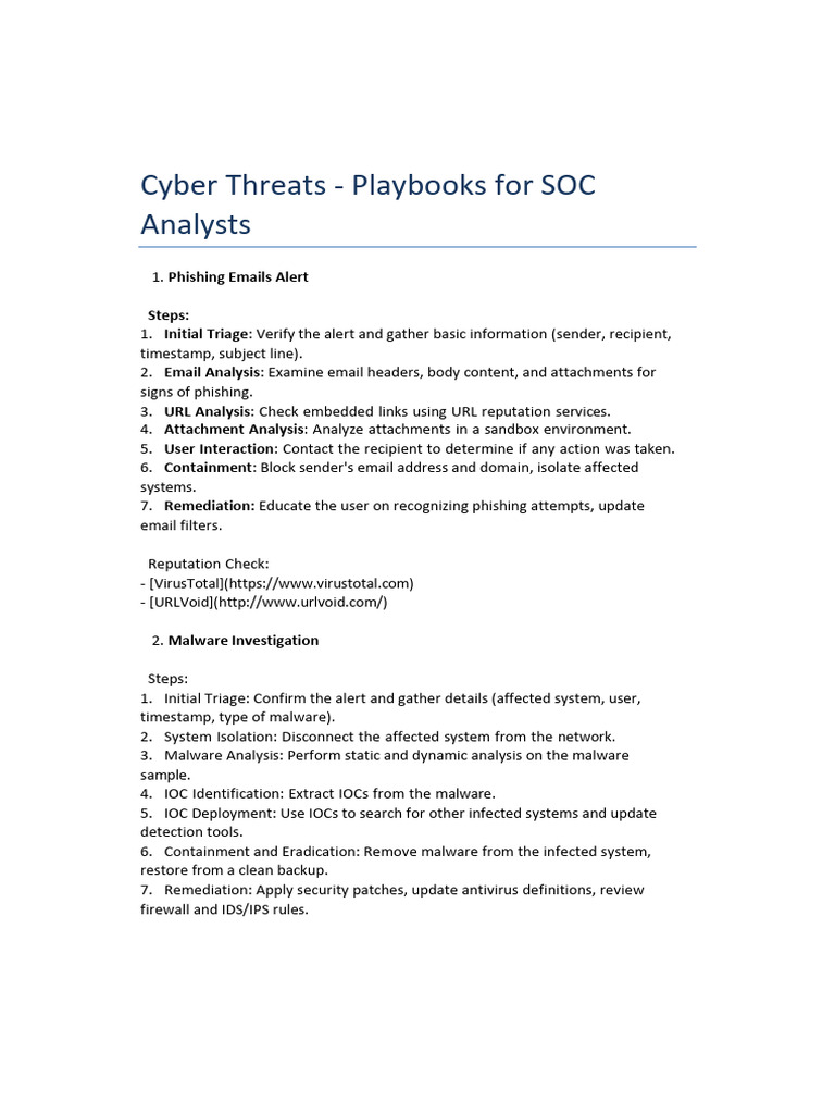 Cyber Threats Playbook For Soc Analyst 1748846018 | PDF | Malware ...