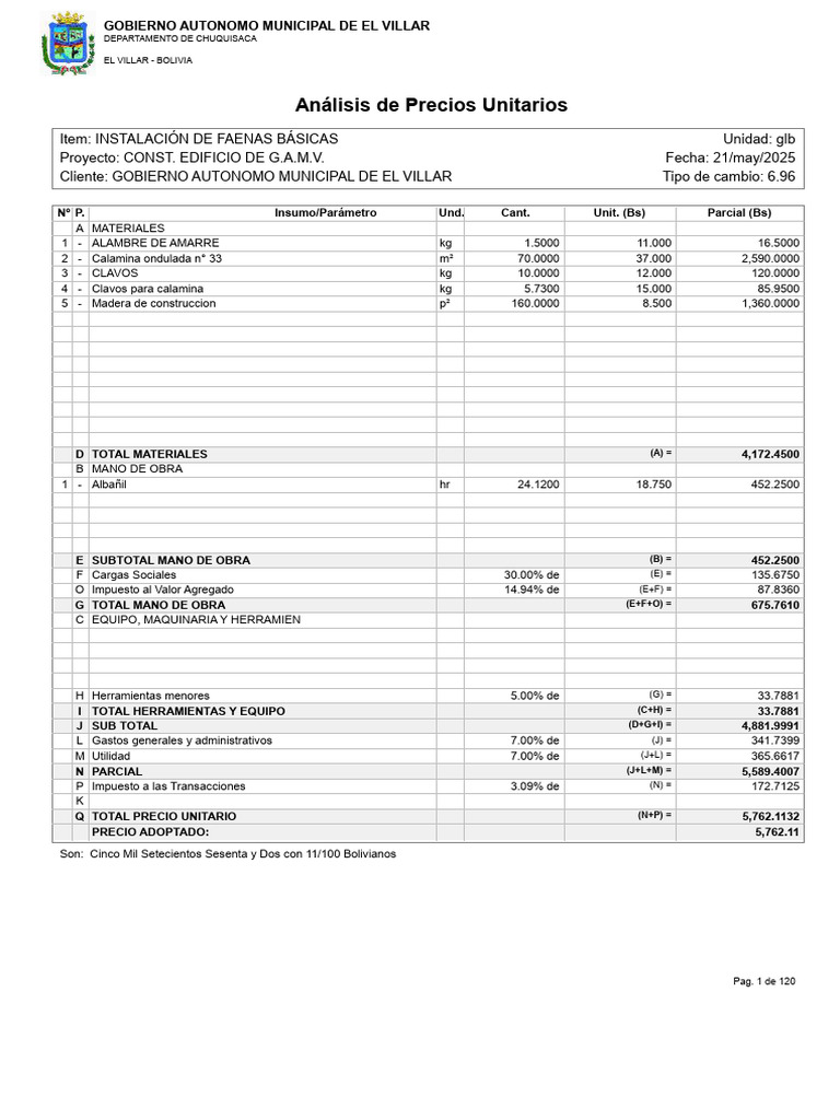 Analisis Precios Unitarios EDIFICIO EL VILLAR | PDF | Bolivia | Economias