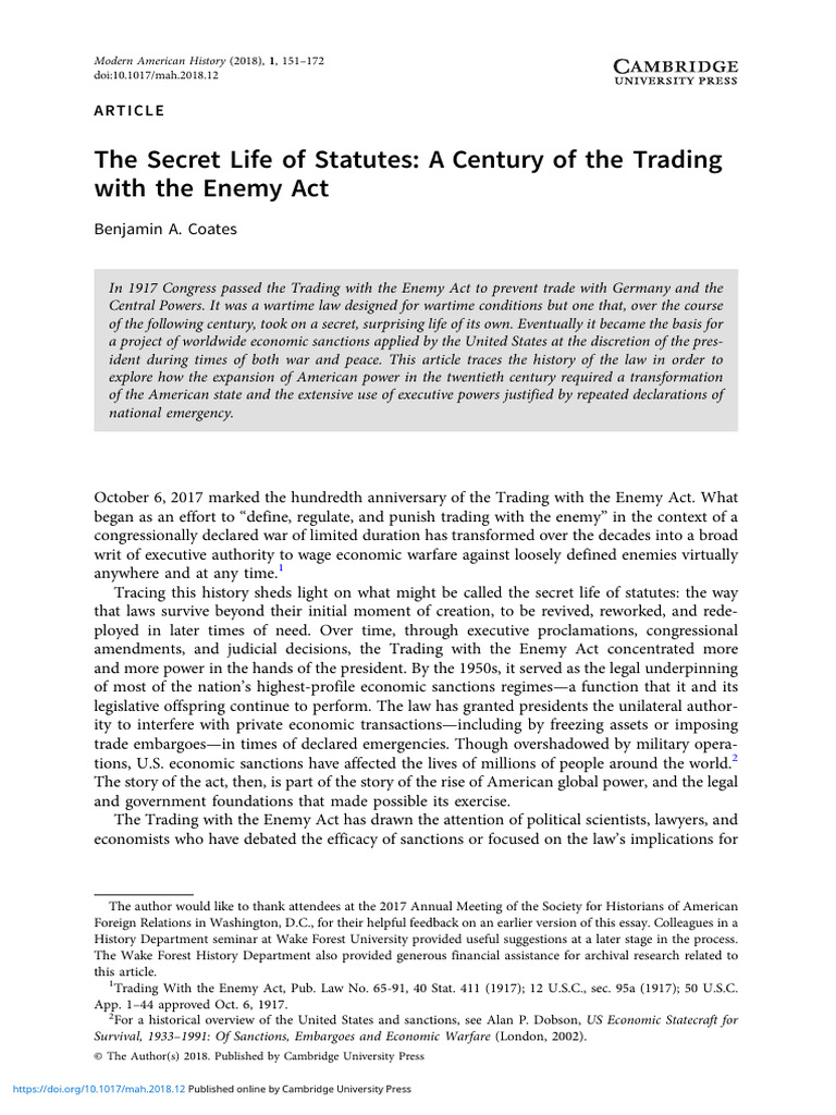 The Secret Life of Statutes: A Century of The Trading With The Enemy ...