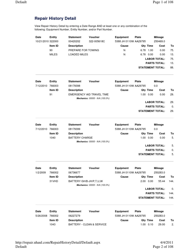 JH0110W Repair History | PDF | Vehicles | Mechanical Engineering