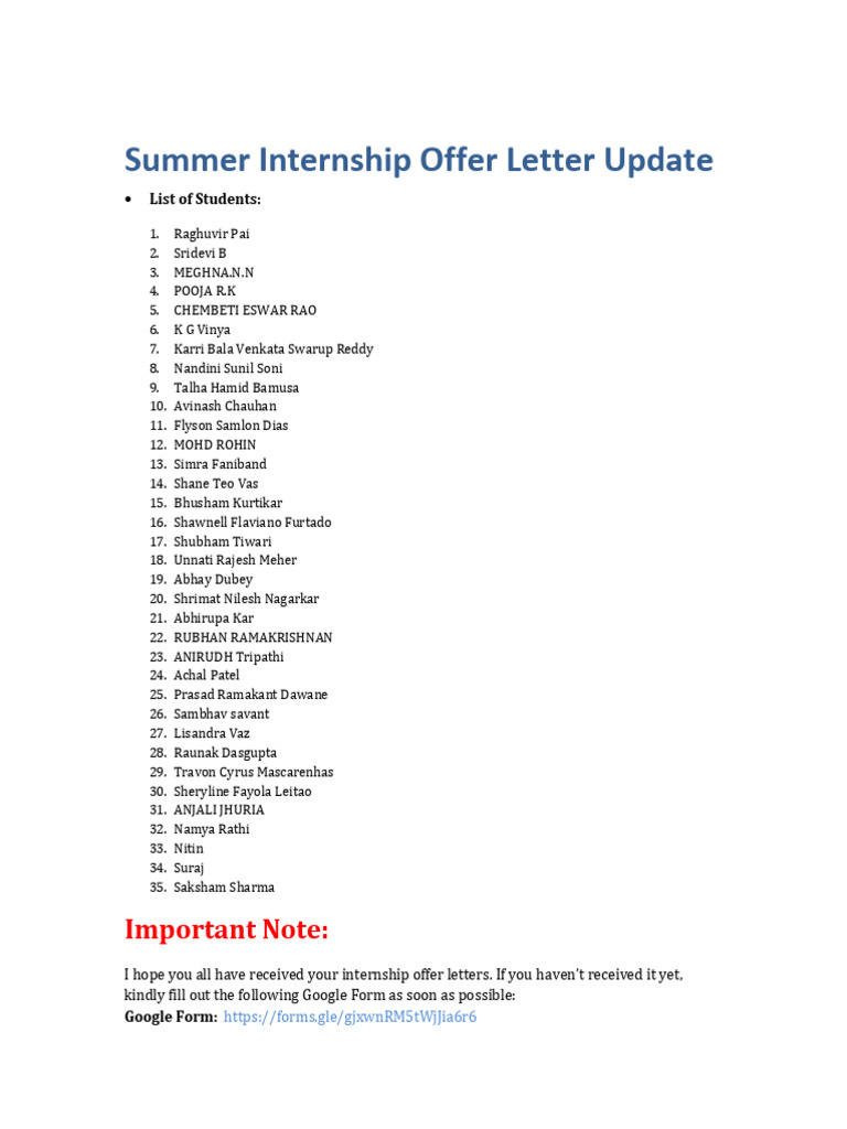 Offer Letter Update Summer Internship | PDF