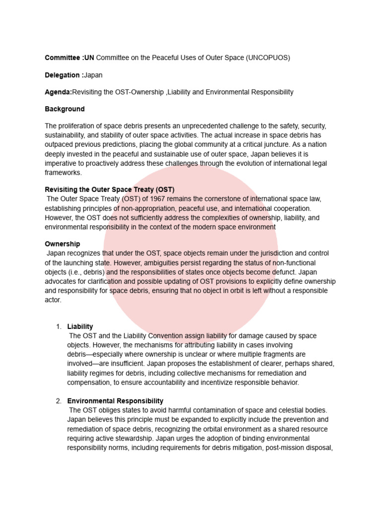 COPUOS Position Paper Japan | PDF | Space Debris