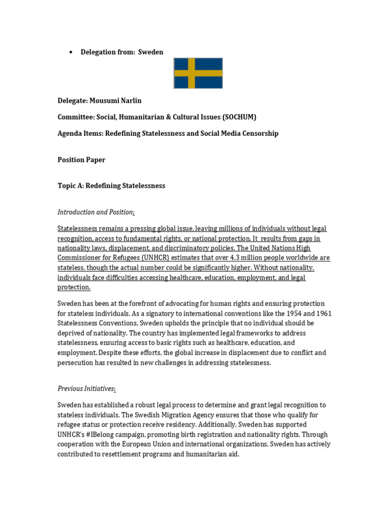 Sweden Position Paper SOCHUM | PDF | United Nations High Commissioner For Refugees | Nationality