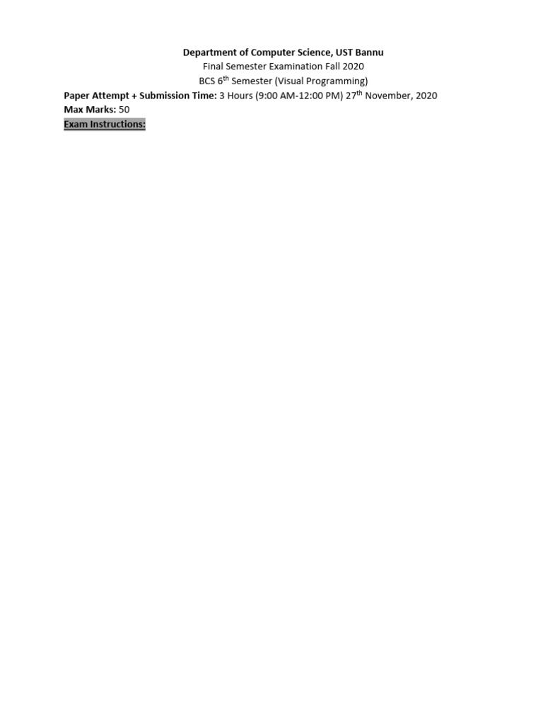 BCS 6th Semester Visual Programming Final Term November 2020 | PDF | Computer Science | Software ...