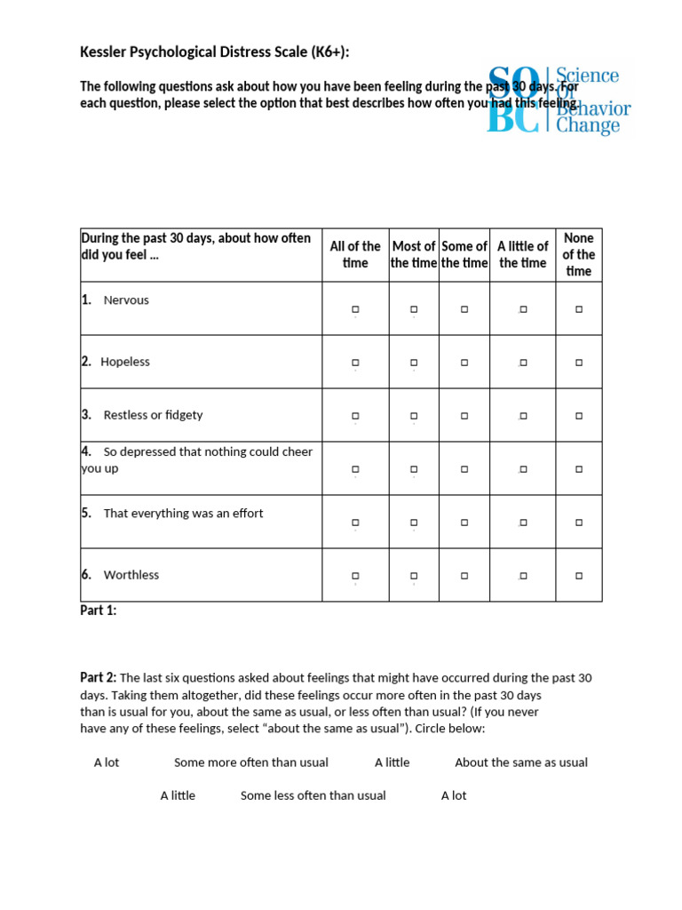 Kessler Psychological Distress Scale (K6) | PDF | Mental Disorder ...